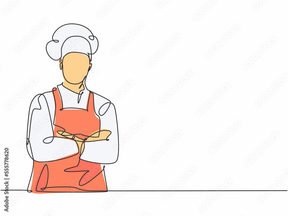 Single continuous line drawing of young confident handsome male chef in ...