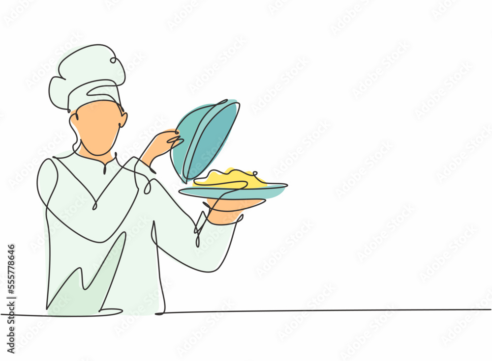 Single one line drawing of young attractive male chef serving delicious ...
