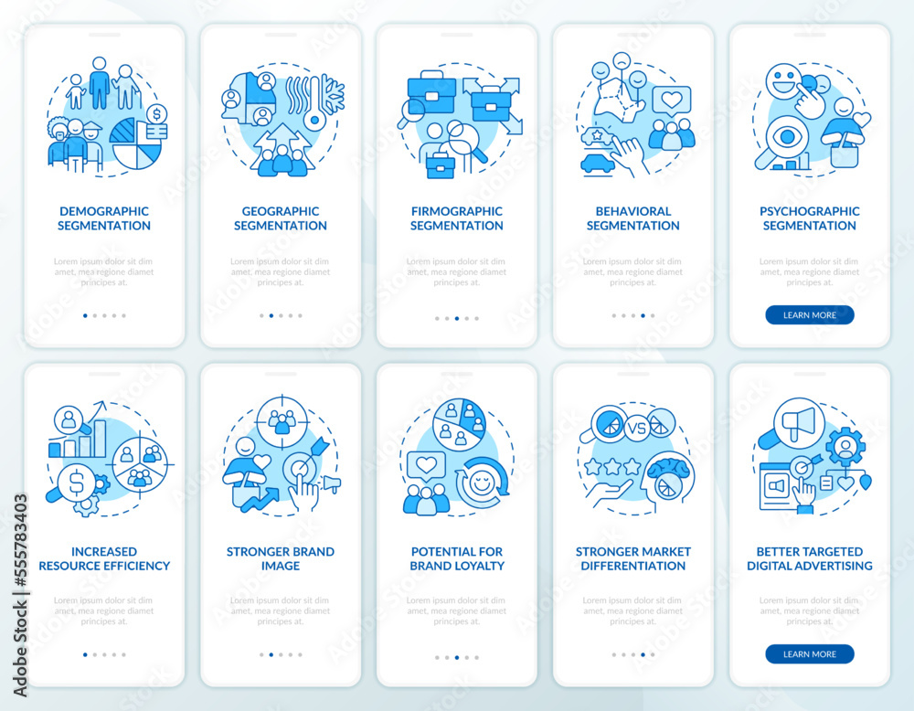 Market Segmentation Blue Onboarding Mobile App Screen Set Walkthrough