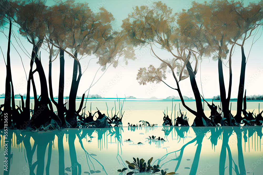 Abstract plants and trees on the lake, translucent sea, and mangroves ...