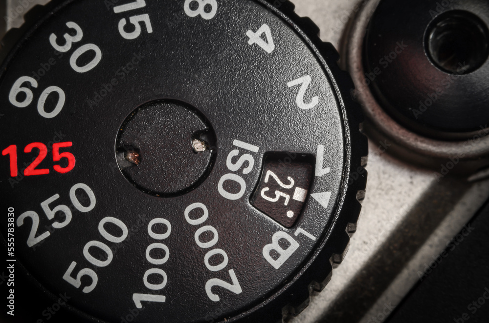 Extreme close up shot of camera mechanical ISO dial. Camera manual settings concept. Stock Photo ...