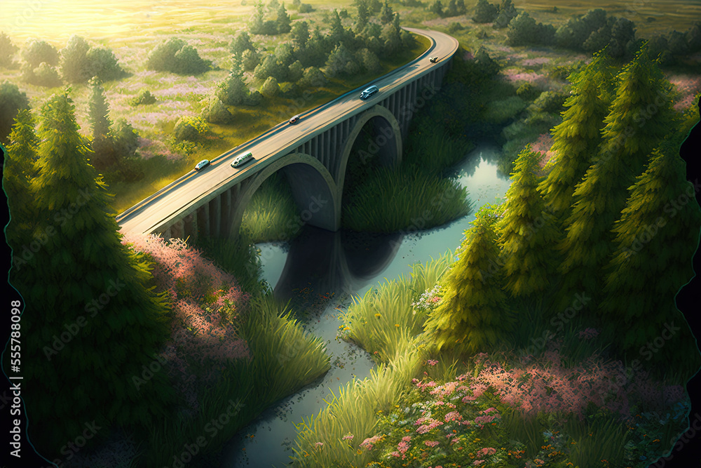 View from above of an ecoduct or wildlife crossing, a bridge covered in ...