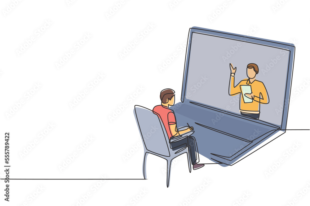 Single one line drawing male student sitting studying staring at giant ...