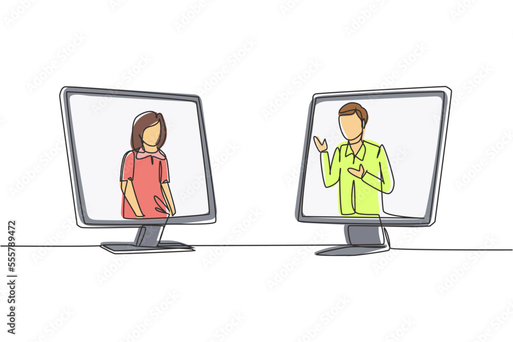 Continuous one line drawing two monitors are standing in front of each ...