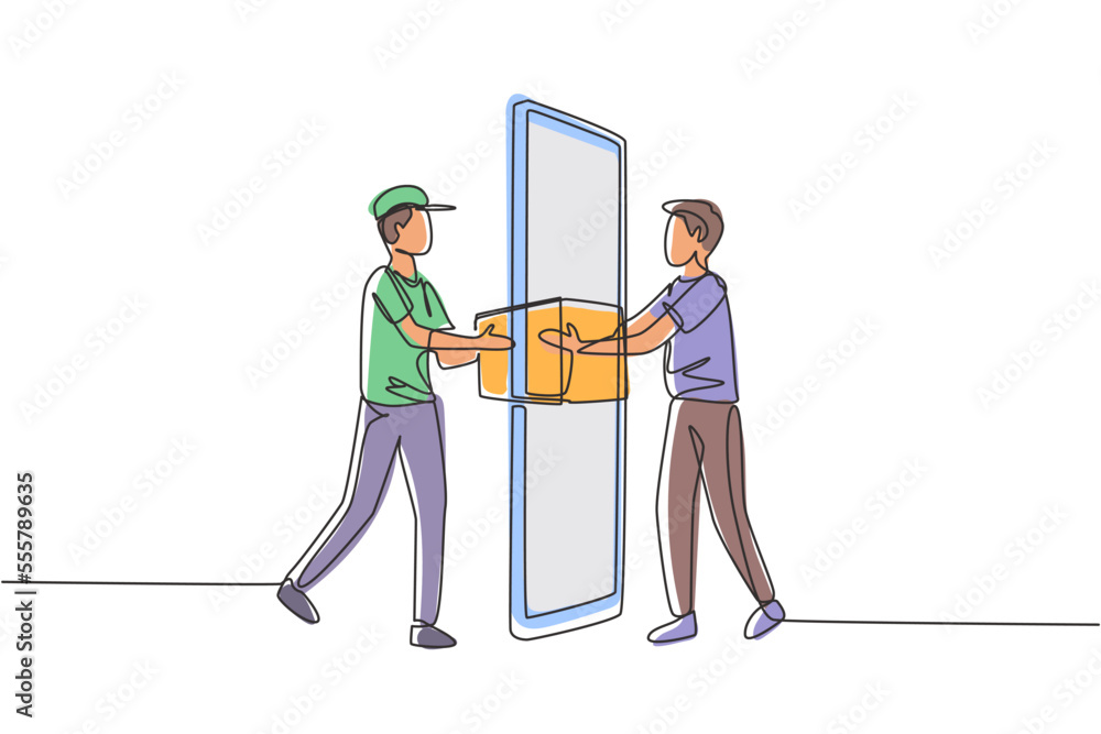 Single one line drawing male courier delivers box package, through ...
