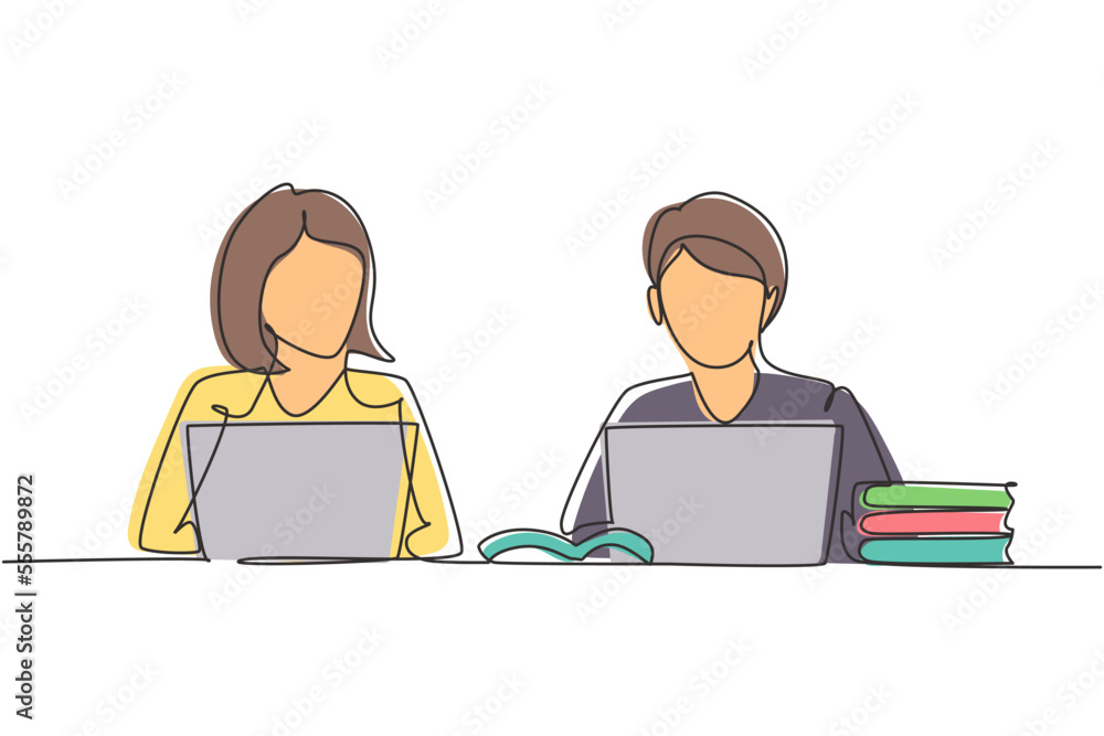 Continuous one line drawing two young woman studying with laptop and ...
