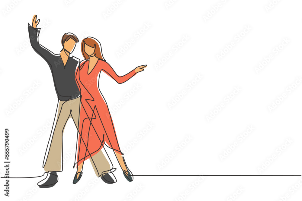 Single one line drawing man and woman professional dancer couple ...