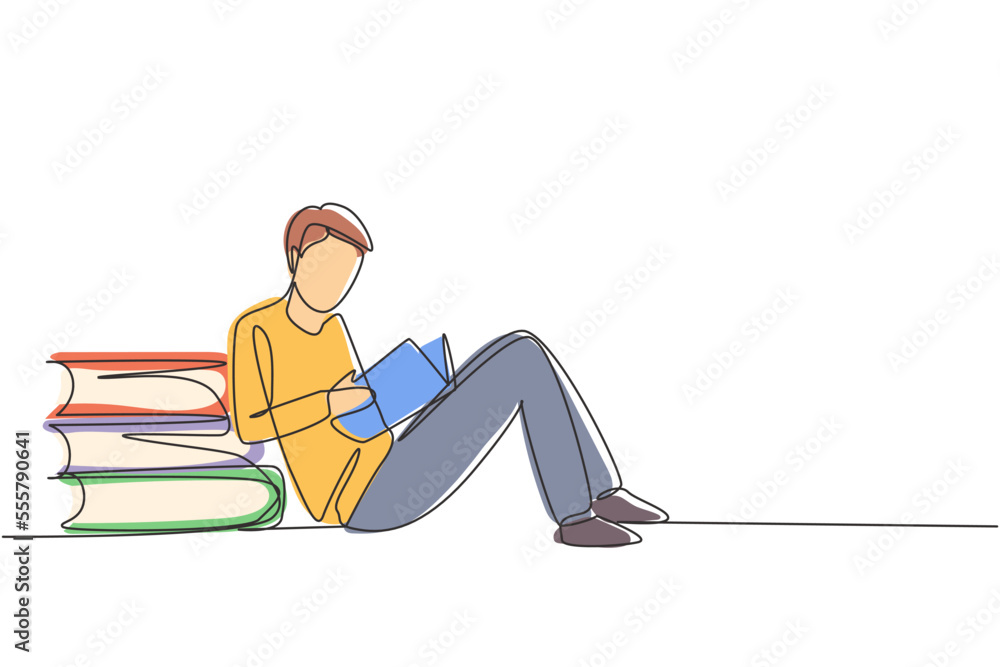 Single one line drawing young man reading, learning and backrest on big ...