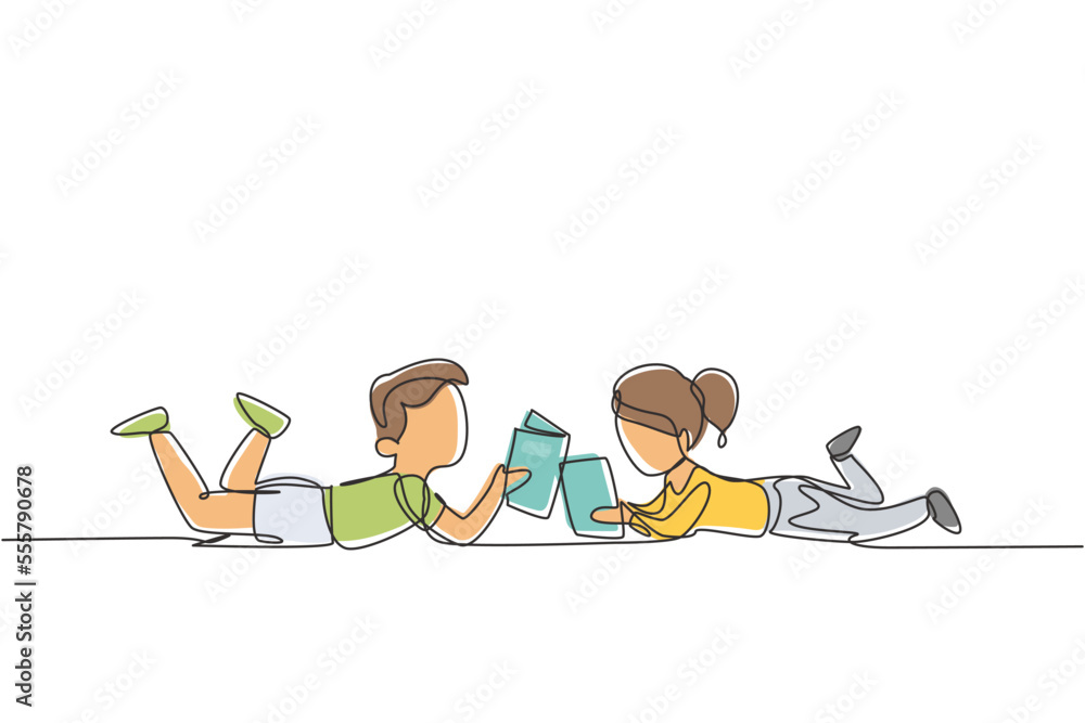 Continuous one line drawing two kids boy and girl reading, learning and ...