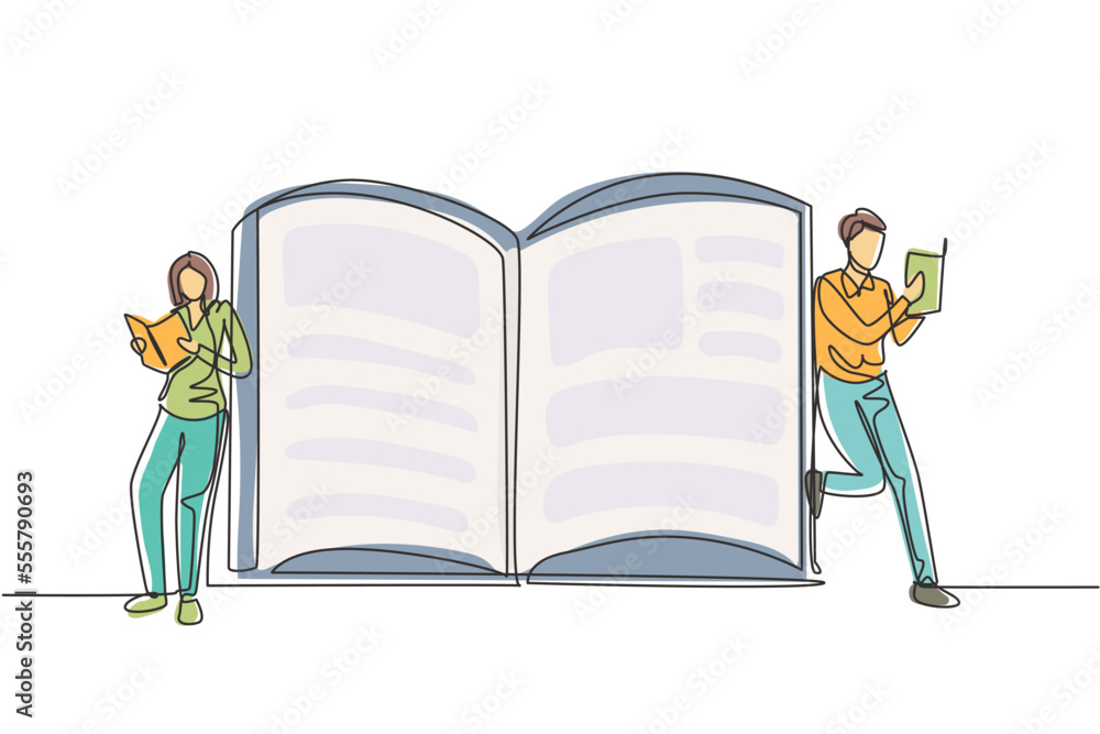 Single one line drawing students woman and man reading, learning and ...
