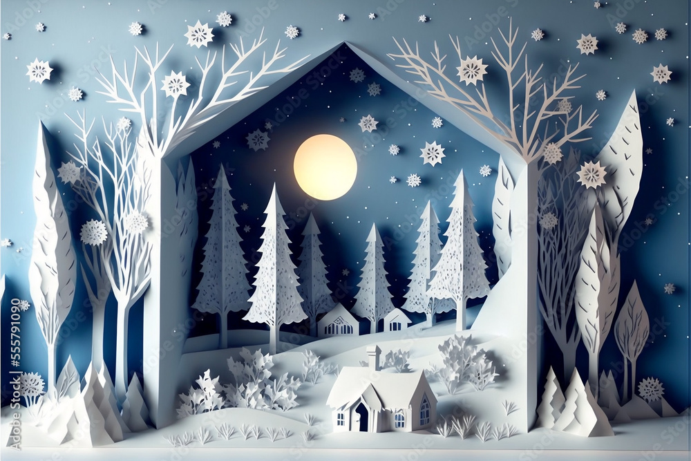 Blue and White Papercraft Winter Scene Winter Wonderland covered in ...