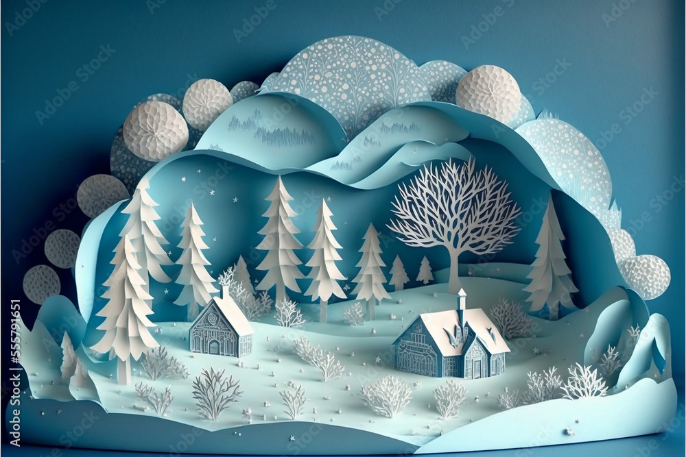 Blue and White Papercraft Winter Scene Winter Wonderland covered in ...