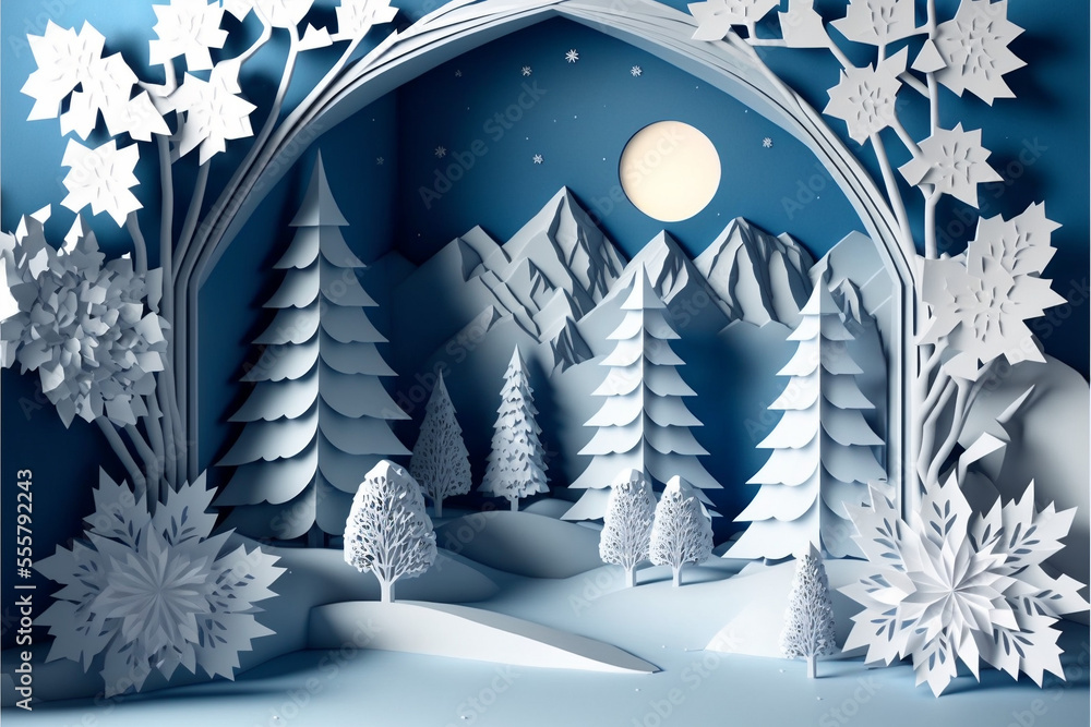 Blue and White Papercraft Winter Scene Winter Wonderland covered in ...