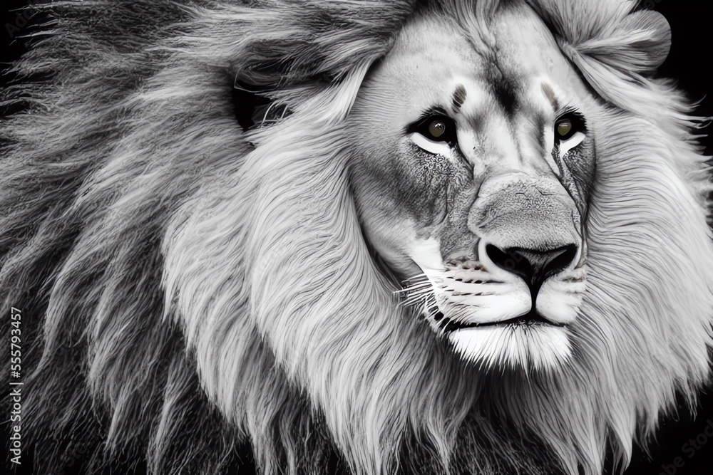 A trippy, close-up illustration of a lion's face. The colors are ...