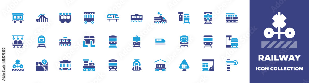 Railway icon collection. Vector illustration. Containing wagon, roller ...