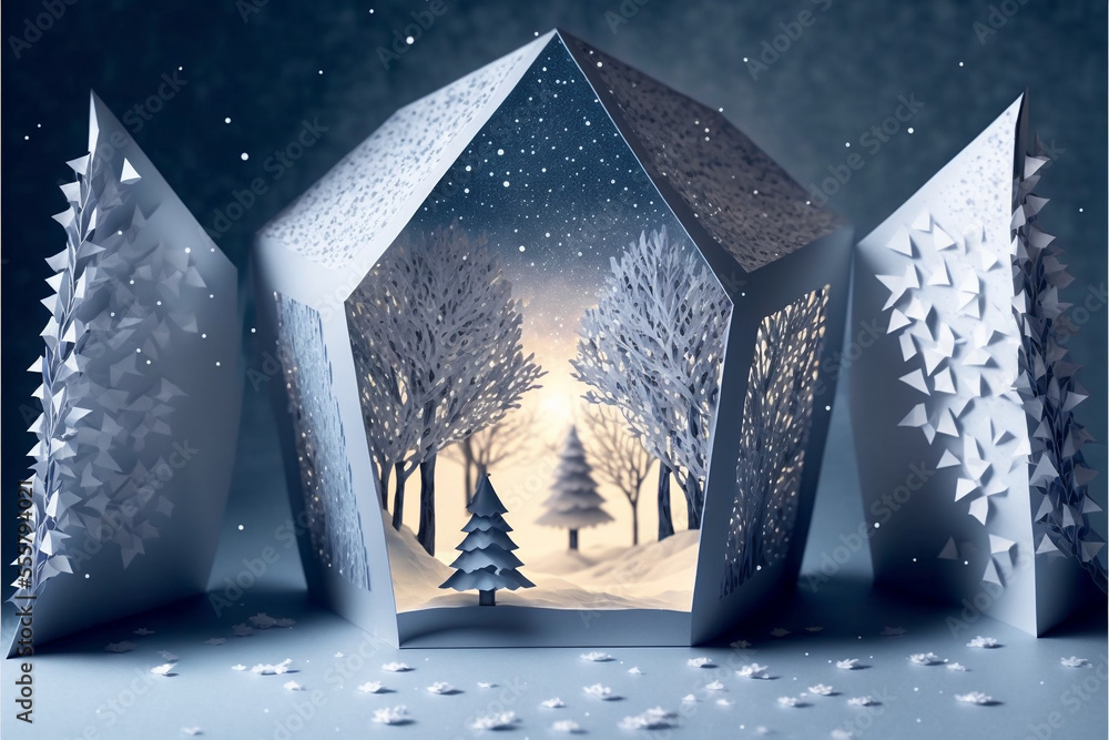 Blue and White Papercraft Winter Scene Winter Wonderland covered in ...