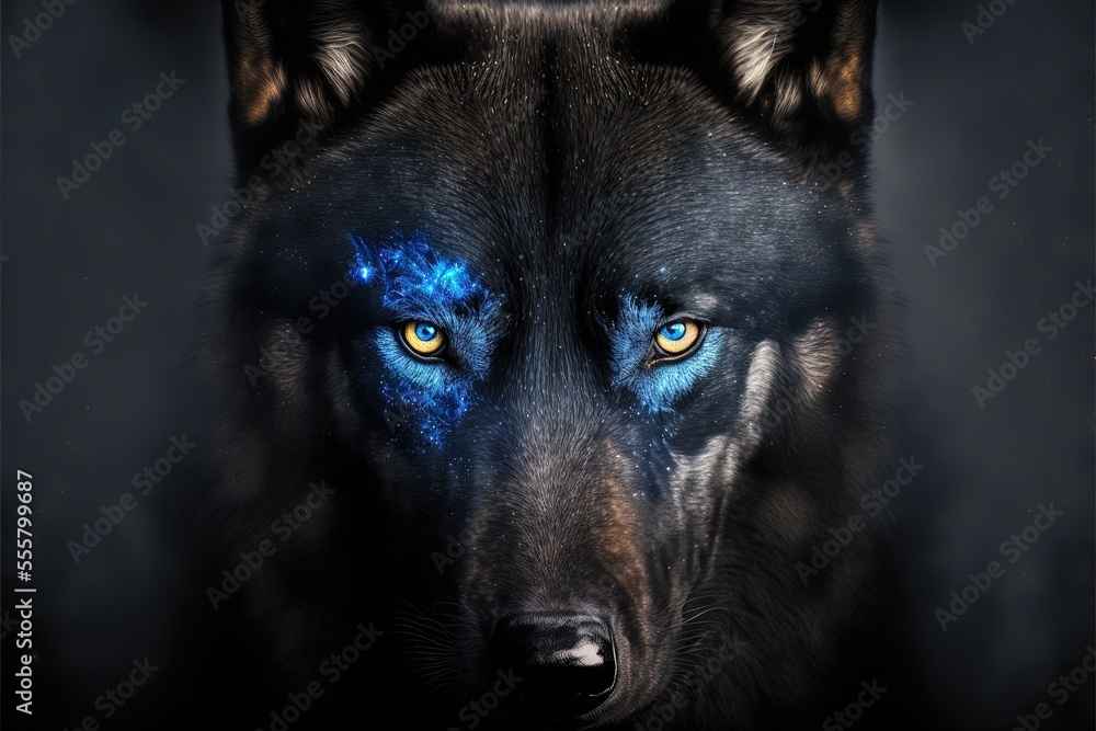 Black wolf with blue eyes, beautiful wild animal Stock Illustration ...