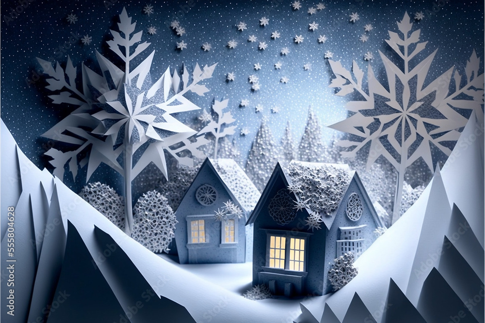 Blue and White Papercraft Winter Scene Winter Wonderland covered in ...