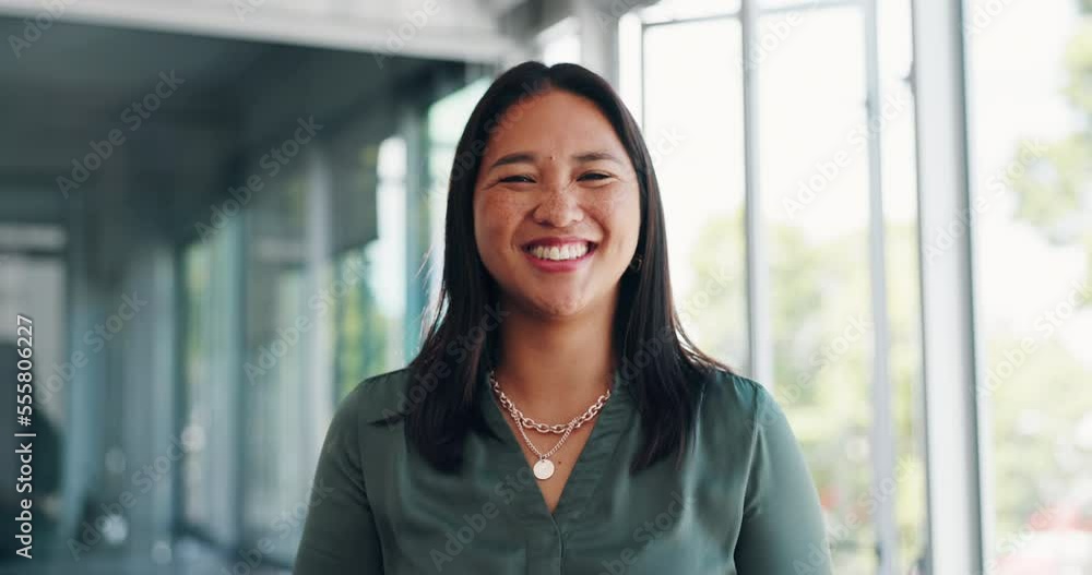 Asian woman, face and smile with hands in heart shape, emoji or love ...