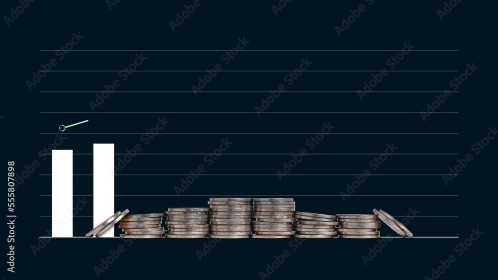 Rising bar graph and line graph. Business concept with piles of coins ...