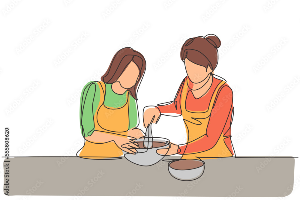 Single one line drawing happy family grandmother mother-in-law and ...