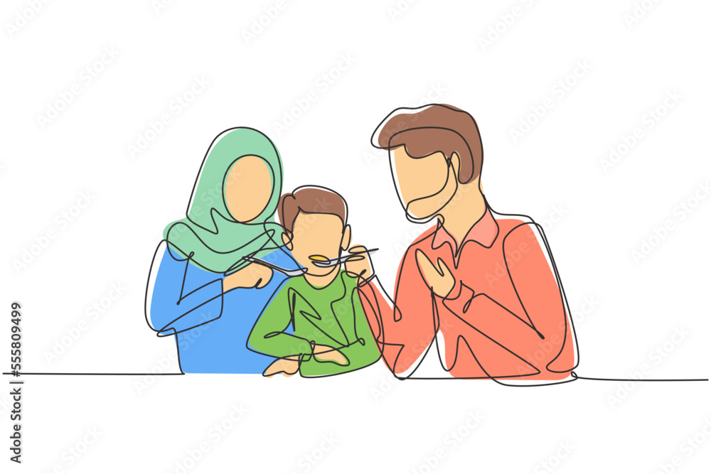 Single continuous line drawing Arabian family having fun together in ...