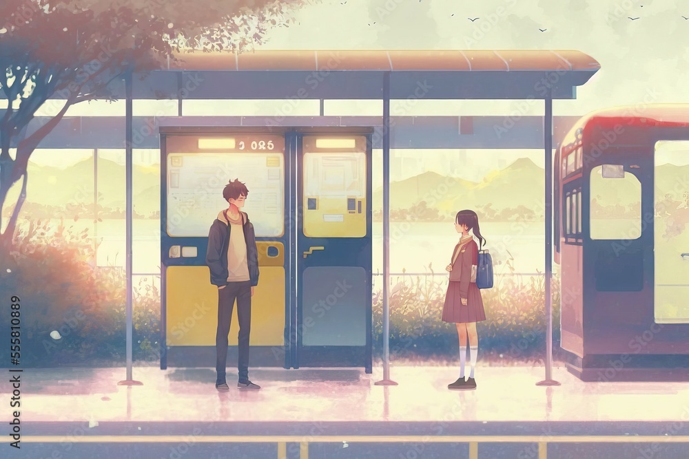 4K resolution or higher, cute girl and boy a waiting bus at bus stop ...