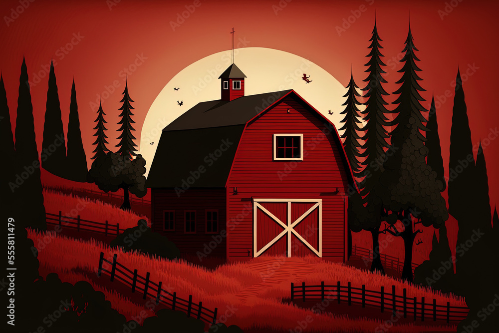 solitary red barn shown in a cartoon. Generative AI Stock Illustration ...