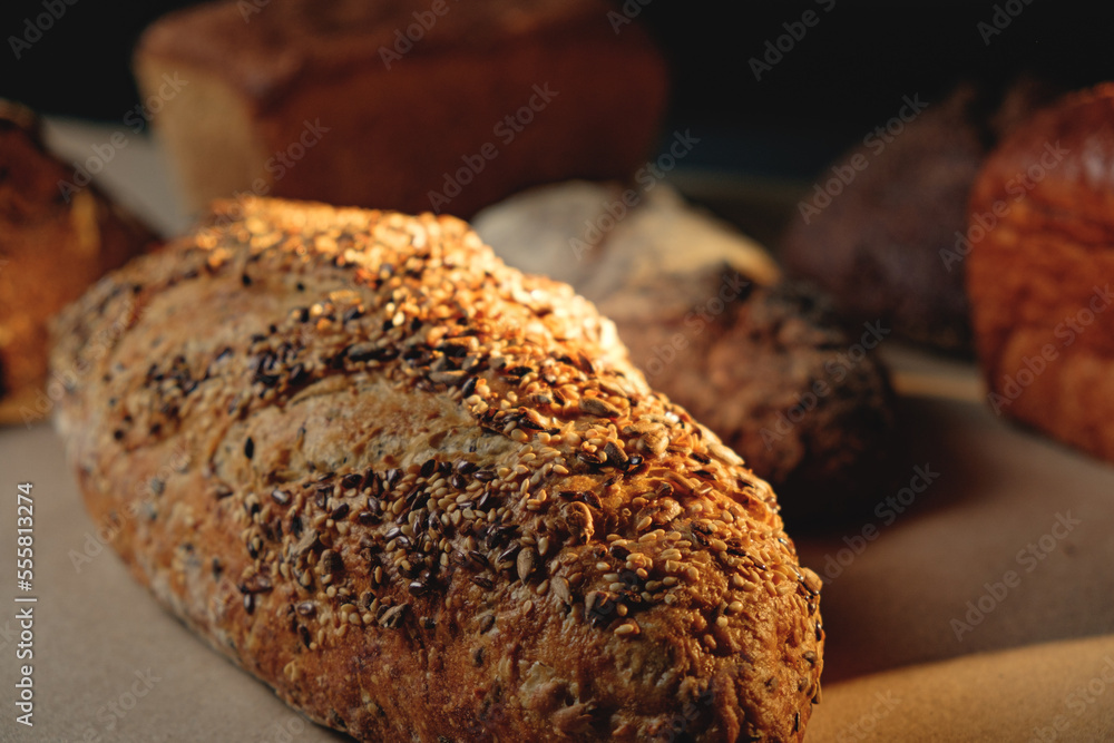 Bread, traditional sourdough bread, slices of white craftbread on a ...