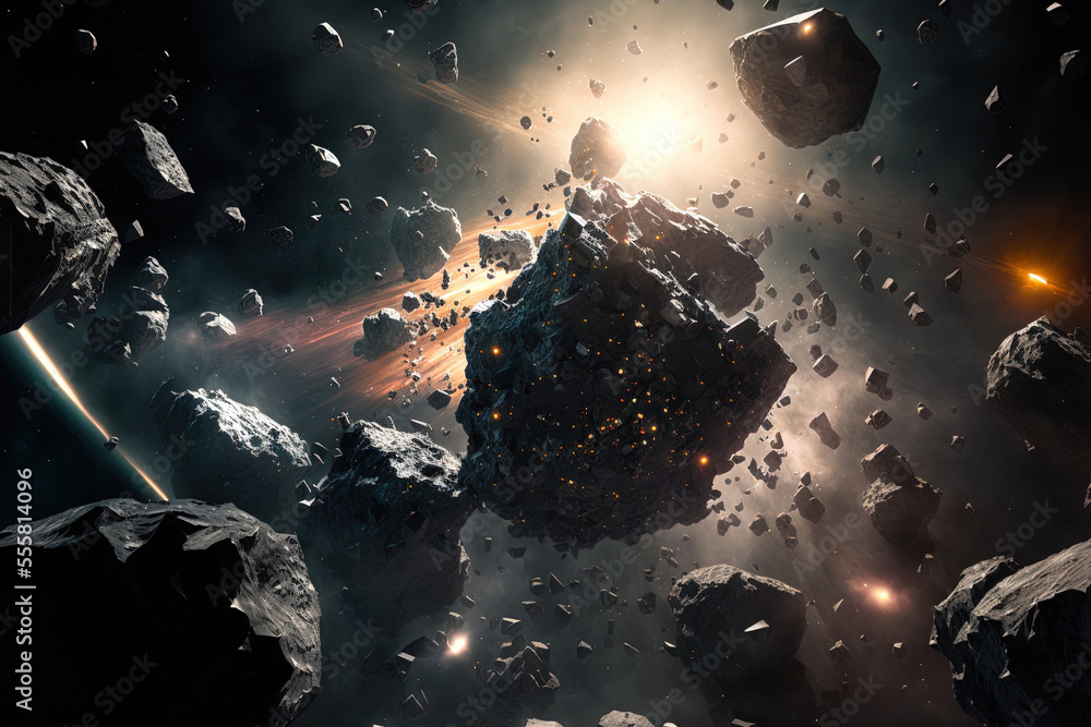 rocks and debris swarm traveling across space asteroids in cosmic backdrop belt of massive ...