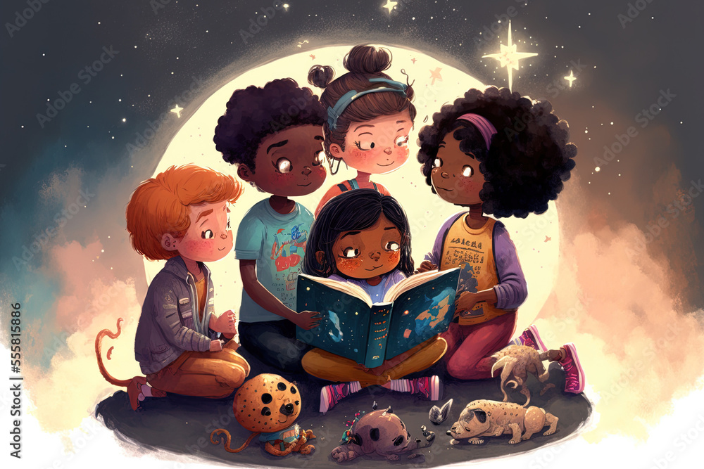 Picture shows a group of multicultural children reading an astronomy ...