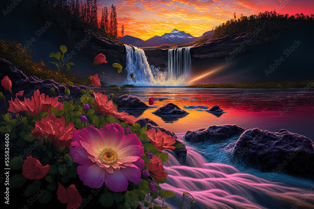 Nature Scene Colorful Waterfall and Flowers at Sunset. Generative AI ...