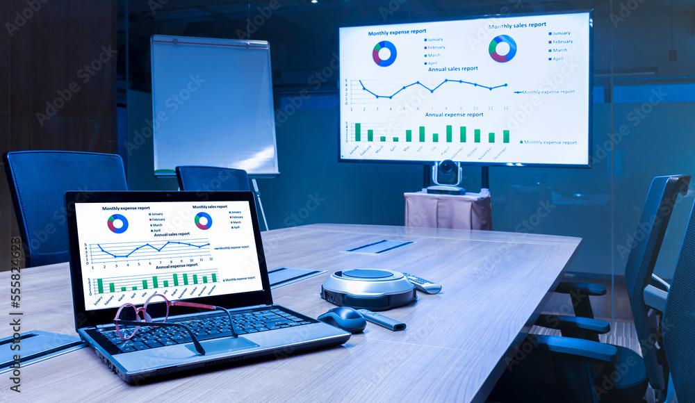 Laptop and television with presentation slideshow in meeting room Stock ...
