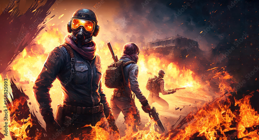 Dramatic video game style key art with heroic characters and dynamic ...