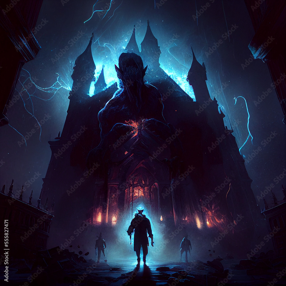 a portrait of a cult summoning demons in front of a castle created with ...