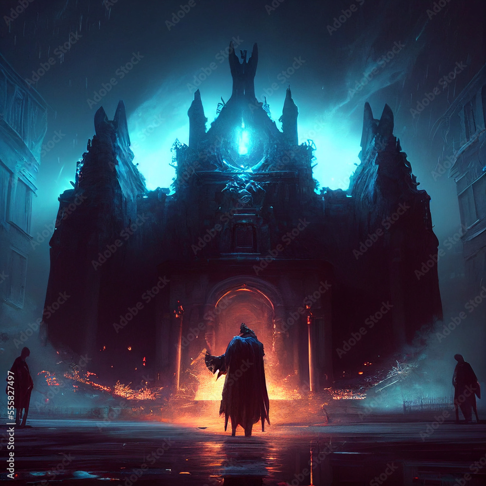 a portrait of a cult summoning demons in front of a castle created with ...