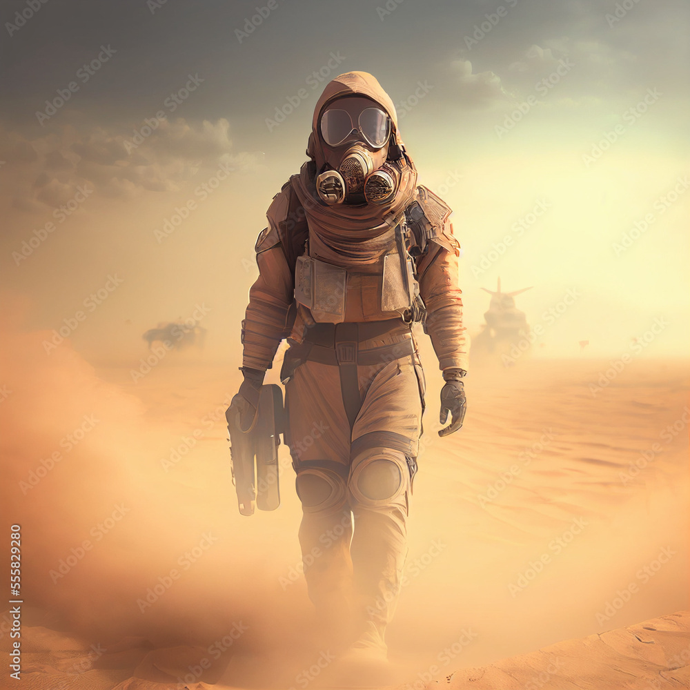 A portrait of a futuristic soldier walking into a sandstorm wearing a ...