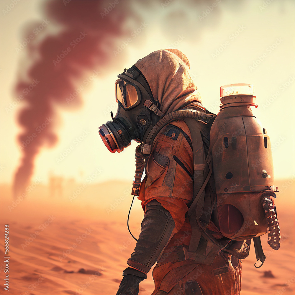 A portrait of a futuristic soldier walking into a sandstorm wearing a ...