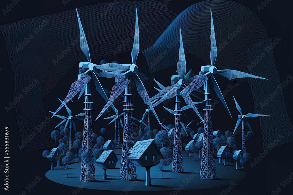 Low polygonal windmill farm with futuristic illumination on a dark blue ...