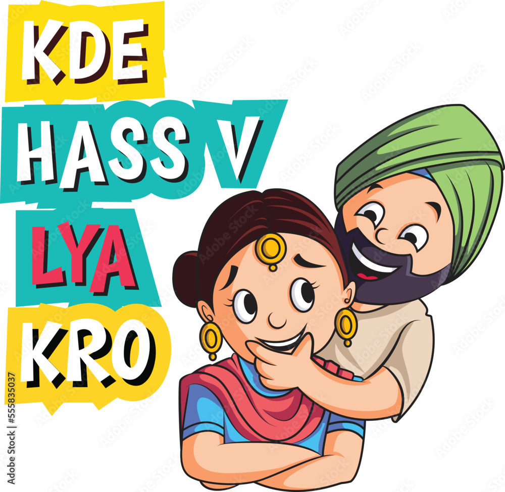 Cartoon illustration of Punjabi man saying to woman kde hass v lya kro ...