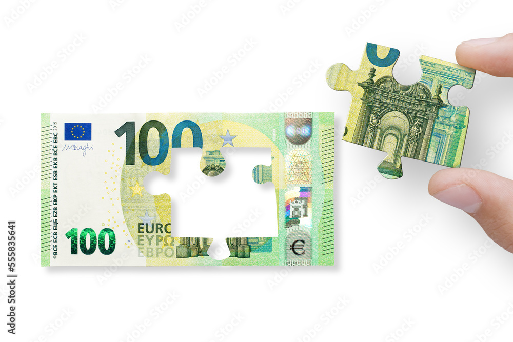 The concept of financial crisis and recession. 100 euros note isolated ...