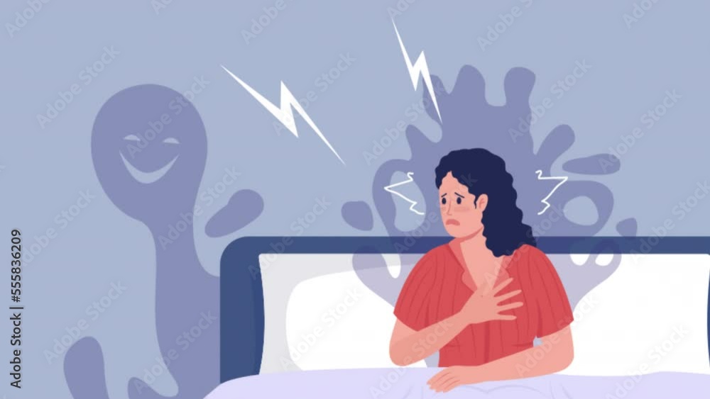 Animated nightmares illustration. Panic attack at night. Woman wake up ...