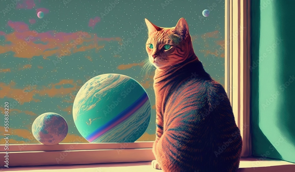 Lonely ginger cat sitting on a futuristic space apartment window ledge ...