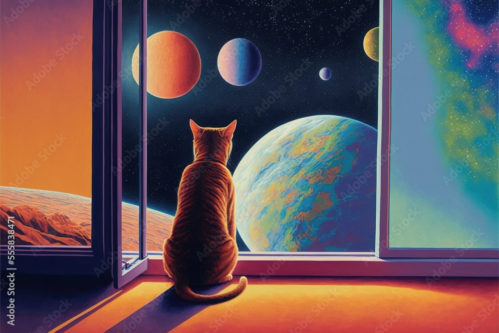 Lonely ginger cat sitting on a futuristic space apartment window ledge ...