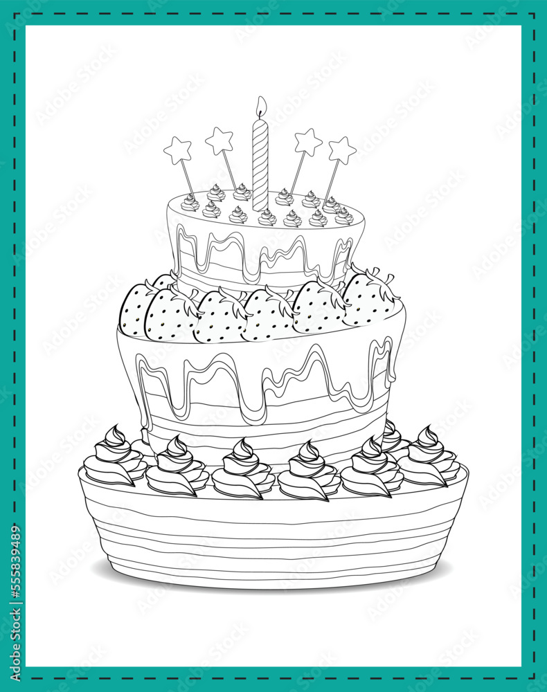 Hand drawn birthday cake coloring page Stock Vector | Adobe Stock