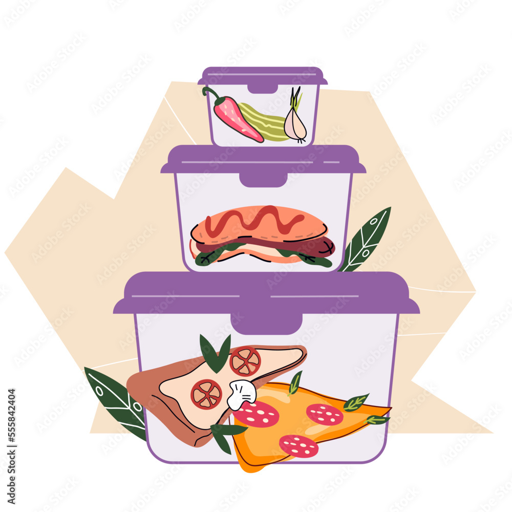 Plastic storage containers with food, flat cartoon hand drawn vector ...