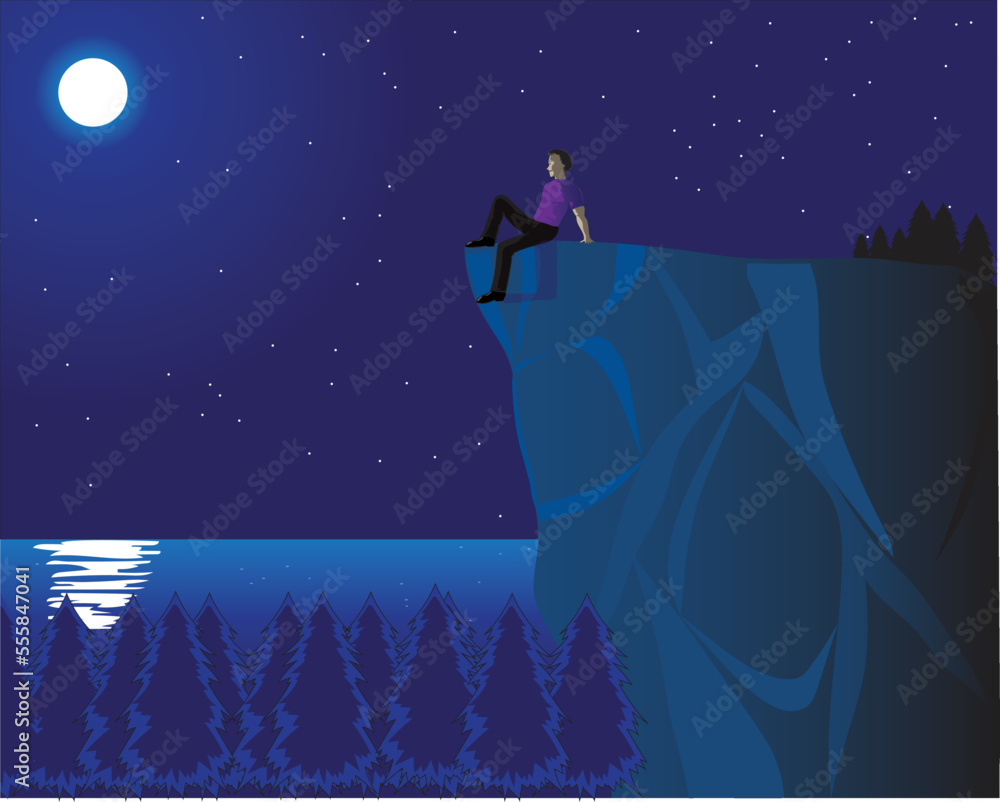 vector cartoon illustration of a man sitting on the edge of a rock ...
