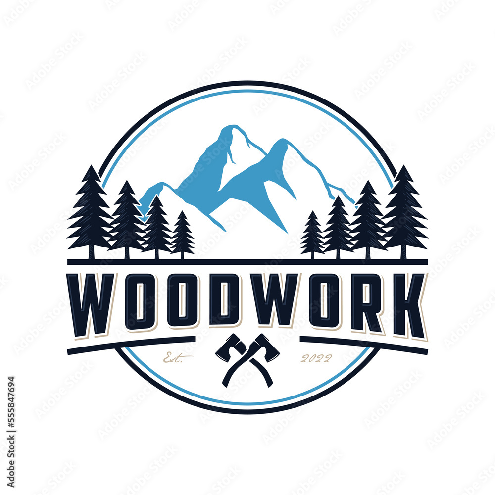 Woodworking logo design emblem vintage, pine tree vector, axe, wood ...
