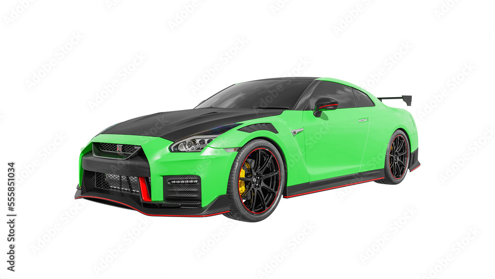 Nissan gtr NISMO on white, 3d rendering of green Nissan ONG transparent ...