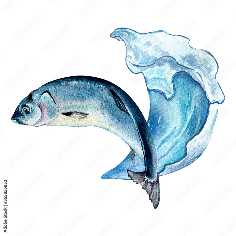 Composition of herring and sea wave watercolor illustration isolated on ...